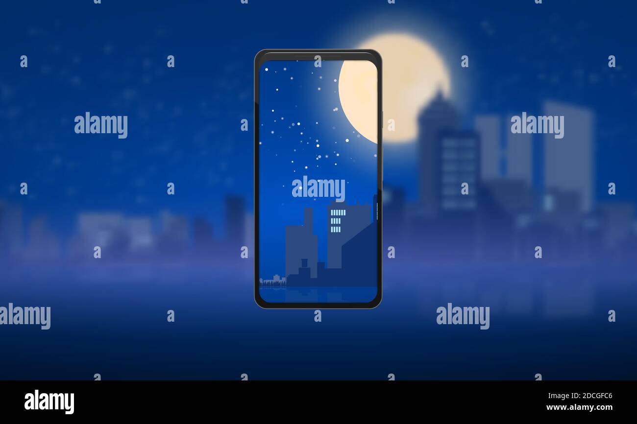 A realistic modern phone takes a photo or captures of a beautiful night ...