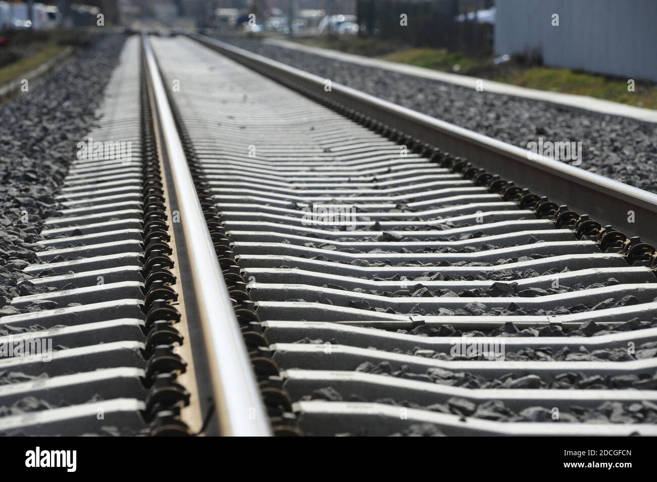 track system on concrete sleepers and stones, transportation and train ...