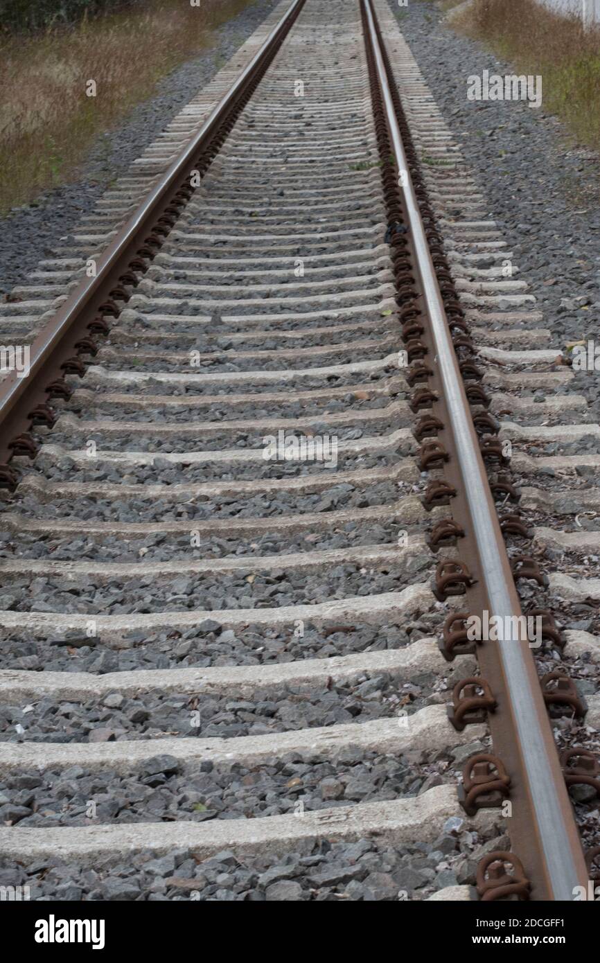 track system on concrete sleepers and stones, transportation and train ...