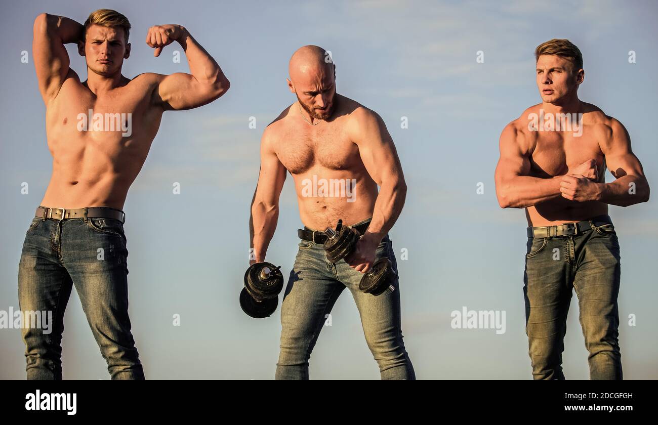 Healthy lifestyle. sport coach use barbell or dumbbells. gym equipment ...