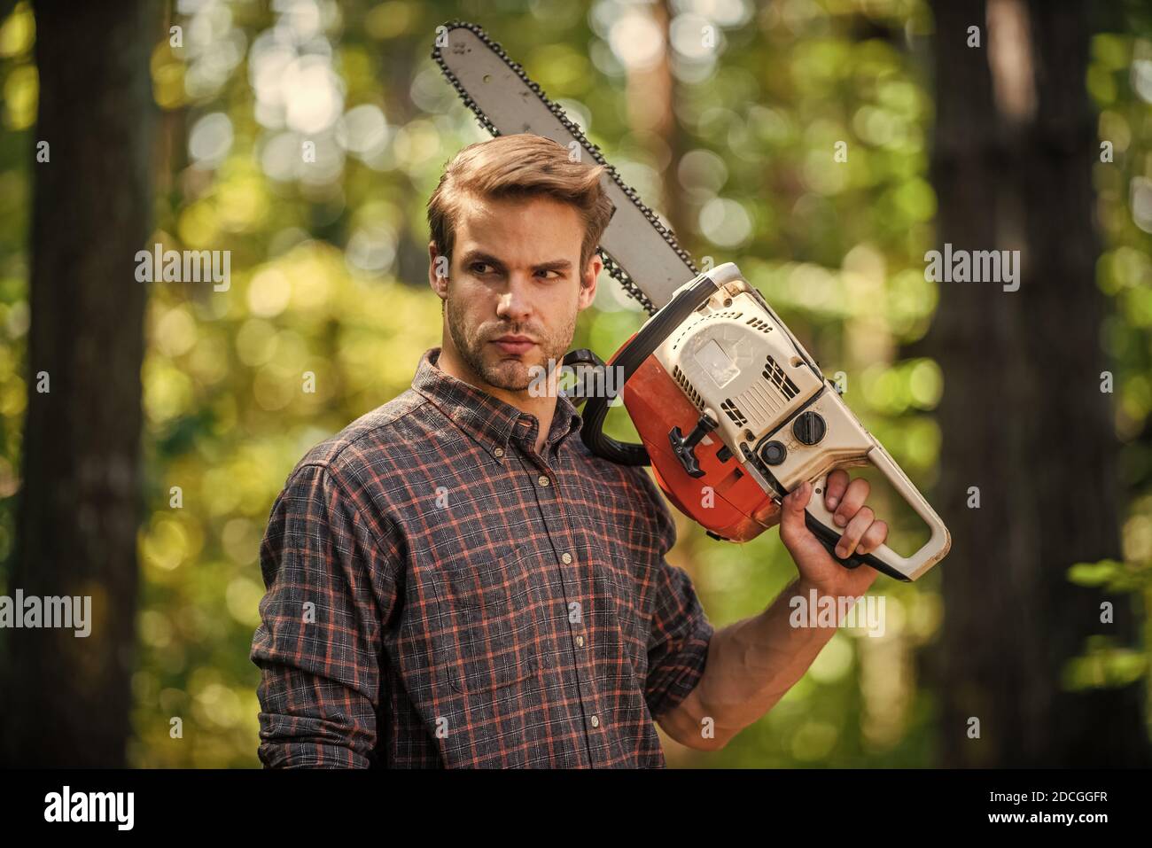 human and nature. man hiking in wood. poacher in forest. deforestation ...