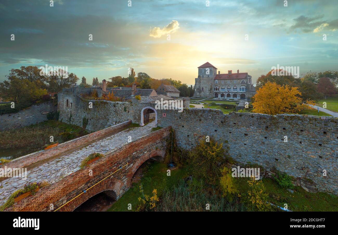Castle of Tata city in Hungary. Amazing water fort next to Old lake ...