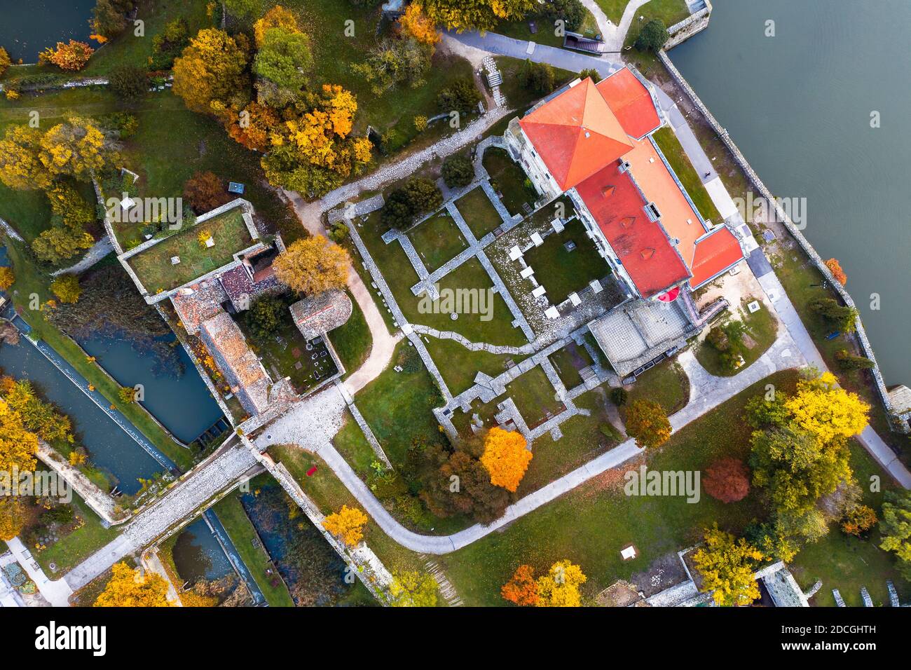 Castle of Tata city in Hungary. Amazing water fort next to Old lake ...