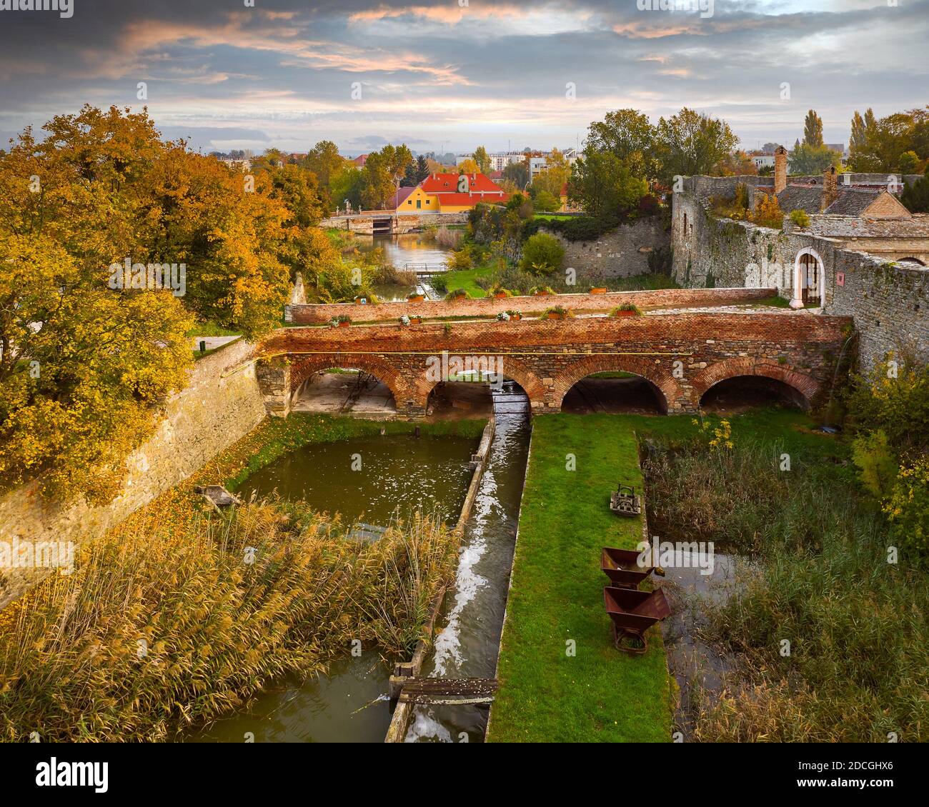 Castle of Tata city in Hungary. Amazing water fort next to Old lake ...