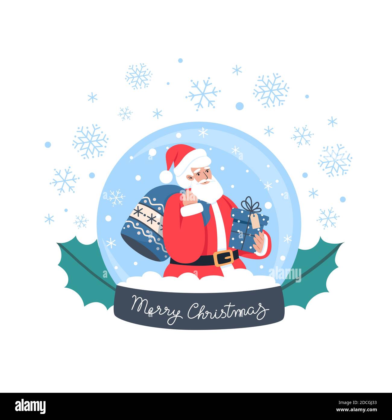 Snow globe with Santa Claus, gifts and snowflakes, vector illustration ...