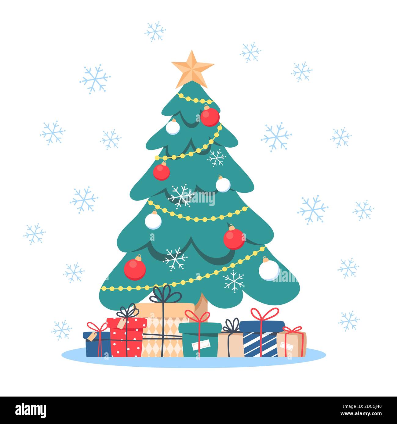 Christmas tree with gifts, vector illustration in flat cartoon style ...