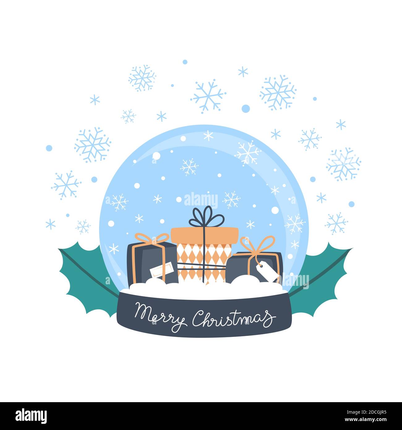 Snow globe with gifts and snowflakes, vector illustration in flat Stock ...