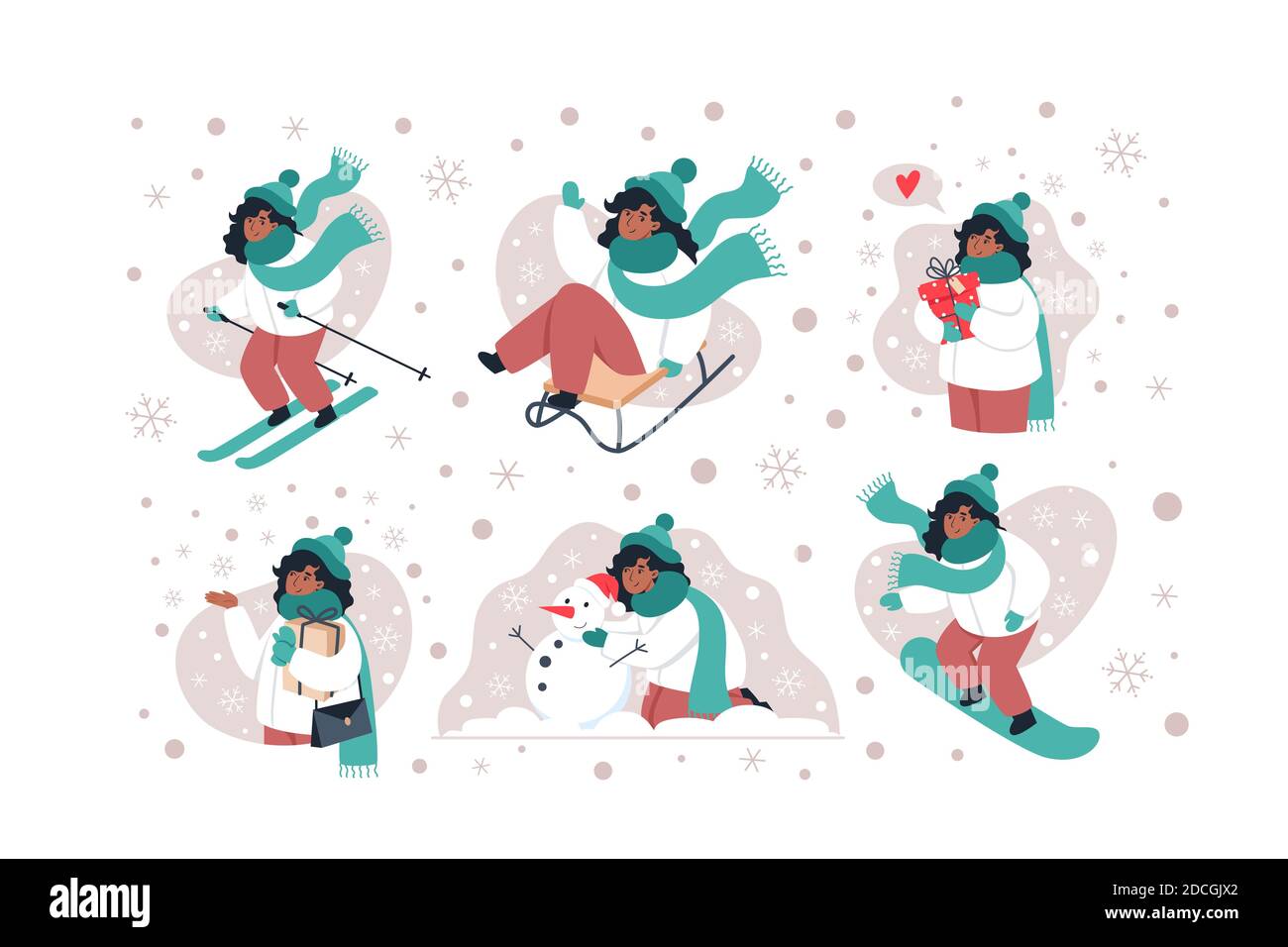 Winter characters collection, winter activities. Vector illustration in ...