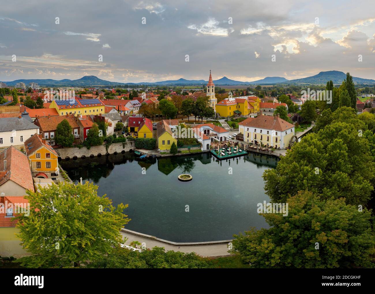 The Mill Pond (Malom-tó) in Tapolca. The Lake is surrounded by antique ...