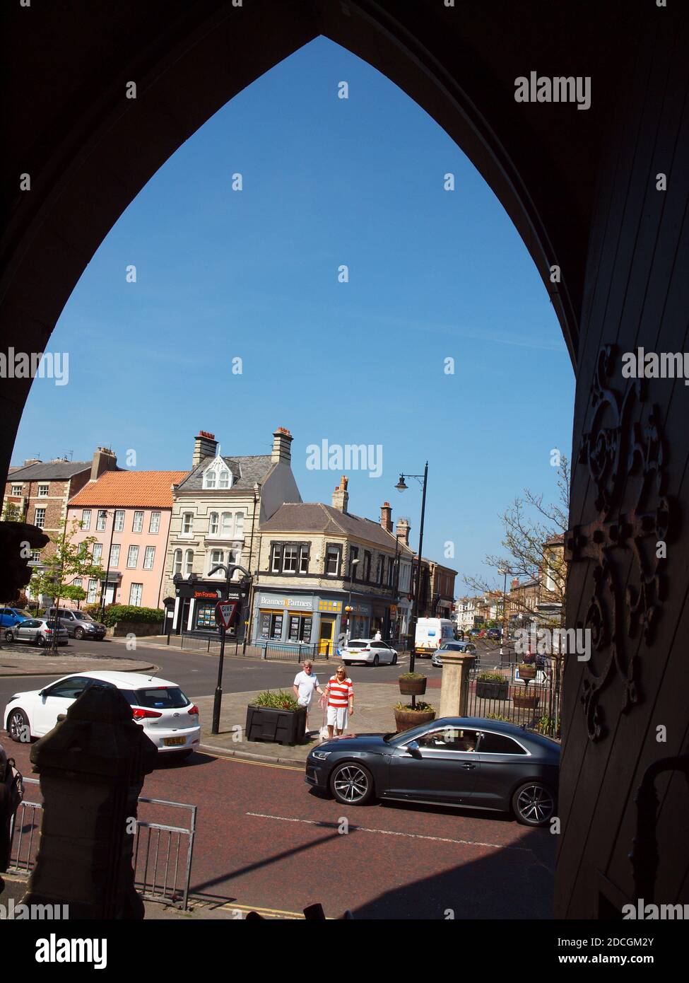 A view of the historic village of Tynemouth from under the arch of the ...