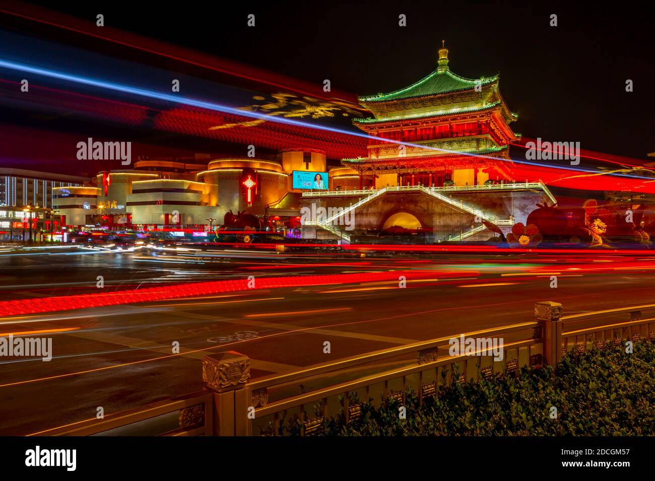 View of famous Bell Tower in Xi'an city centre at night, Xi'an, Shaanxi ...