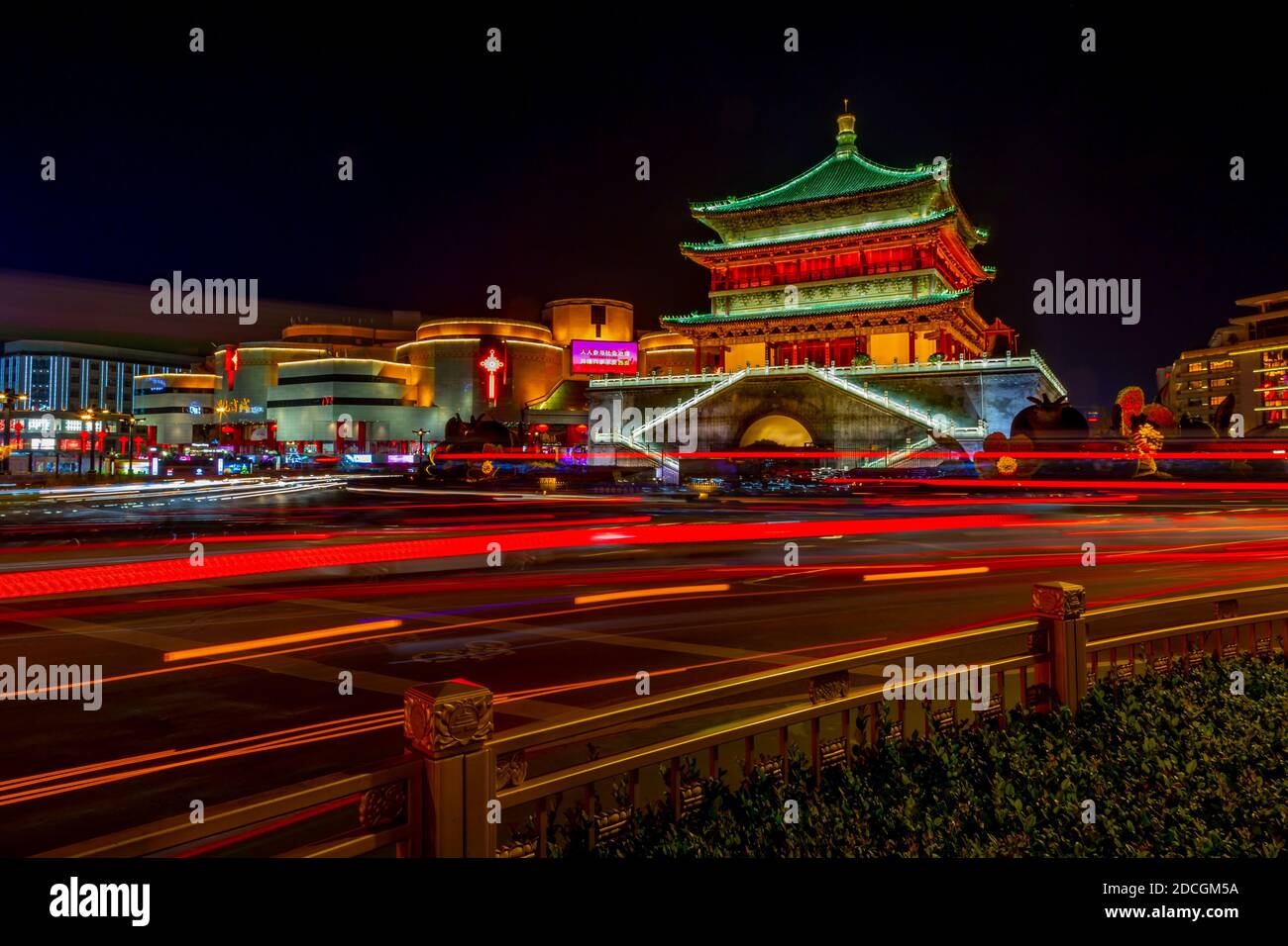 View of famous Bell Tower in Xi'an city centre at night, Xi'an, Shaanxi ...