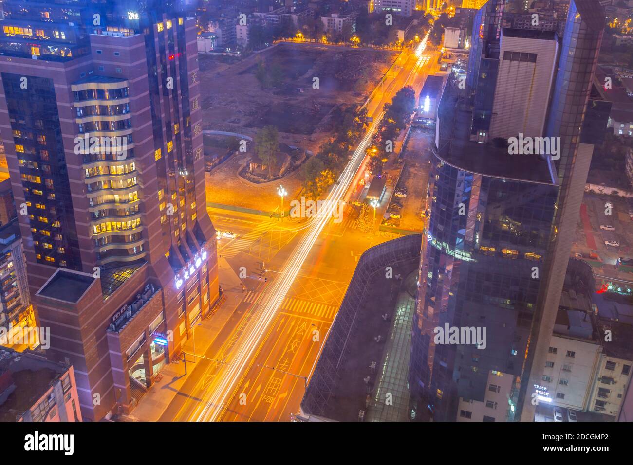 View of street scene from elevated position at night, Chengdu, Sichuan ...