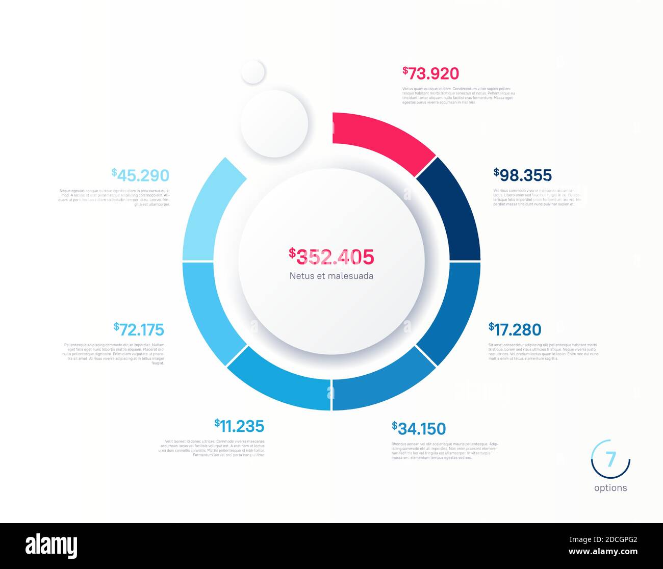 Vector infographic round chart template. Seven options, steps, parts ...