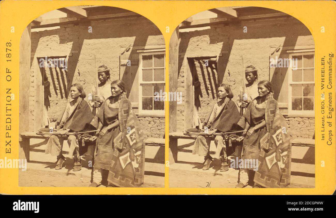 Navajo boys and squaw, in front of the quarters at old Fort Defiance, N ...