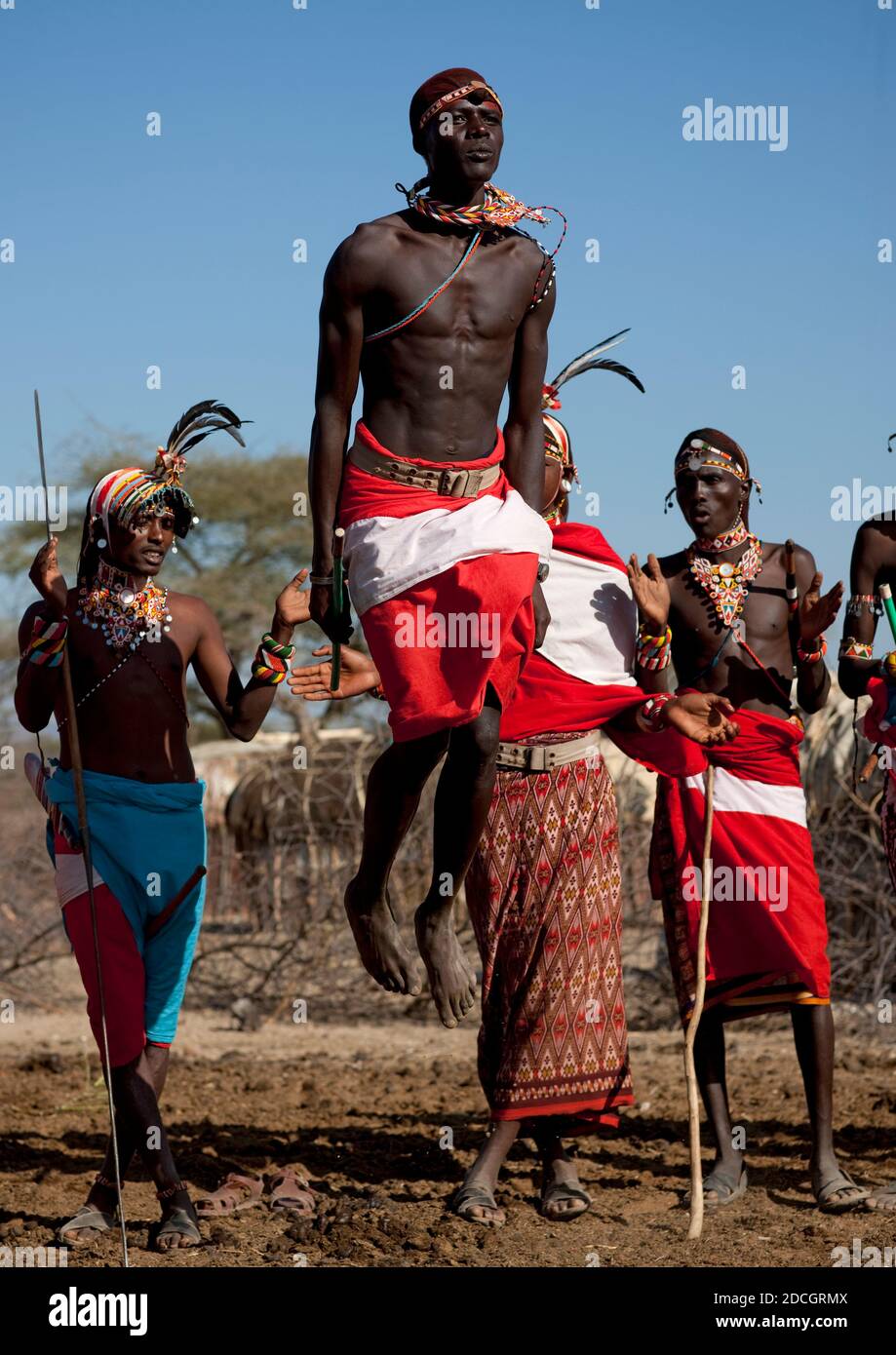 Samburu tribe warriors jumping during a ceremony, Samburu County ...