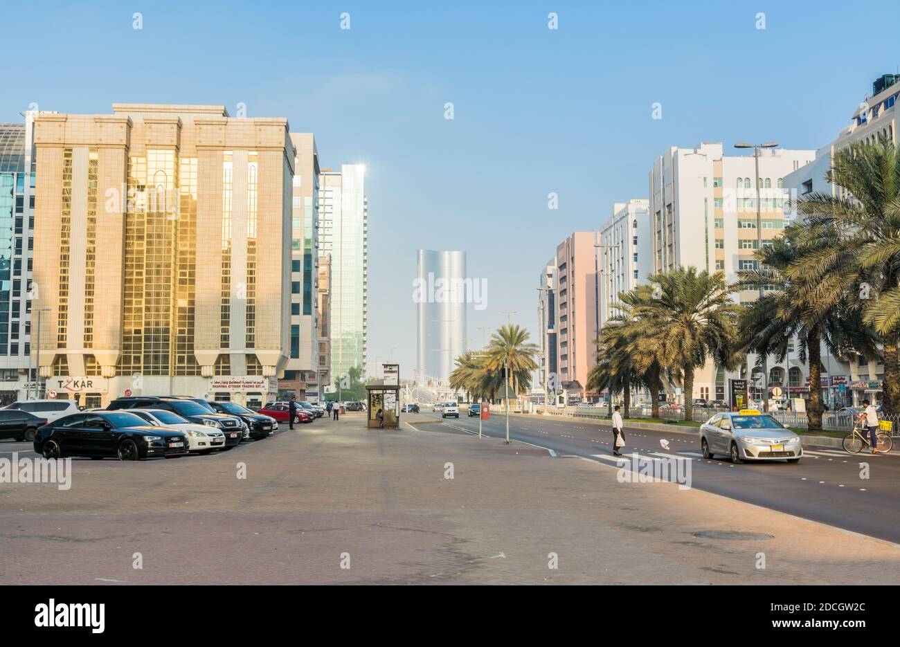 Street view with skylines and bus station of Abu Dahbi, United Arab ...