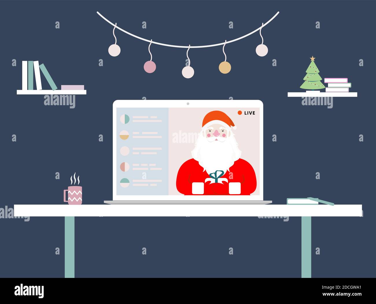 Santa Claus with gift in hands holding a live streaming online event ...