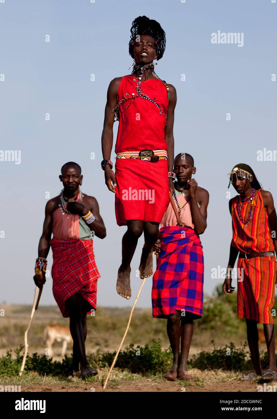 Maasai tribe men jumping during a ceremony, Rift Valley Province ...