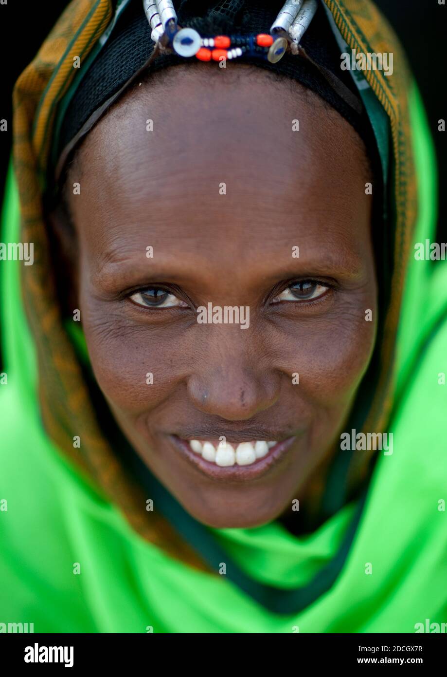 Portrait of a Gabra tribe woman wearing the traditional headwear ...