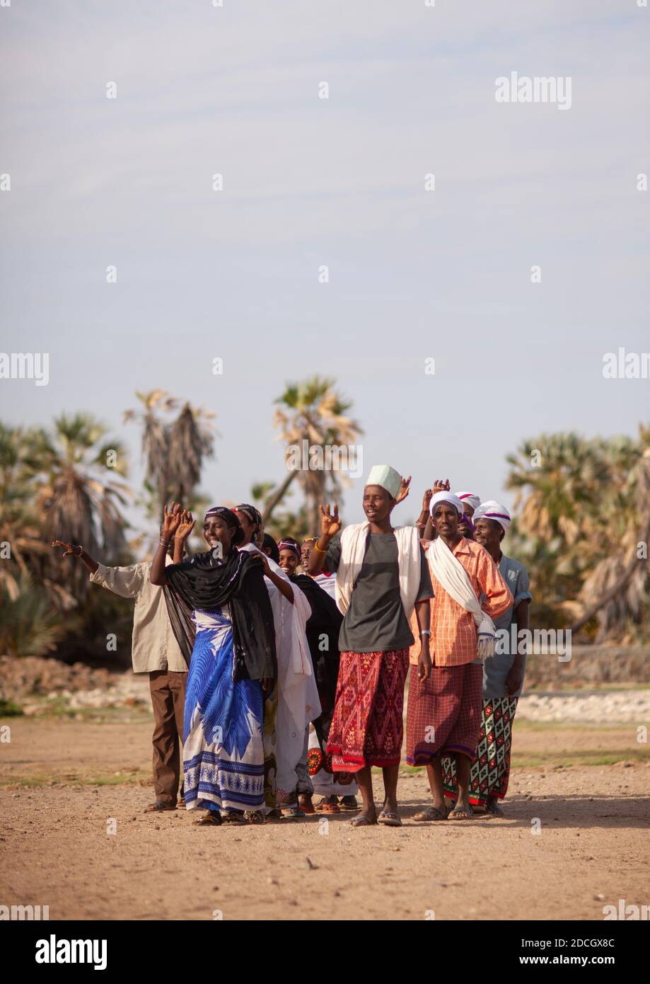 Gabra tribe people dancing during a ceremony, Marsabit County, Chalbi ...