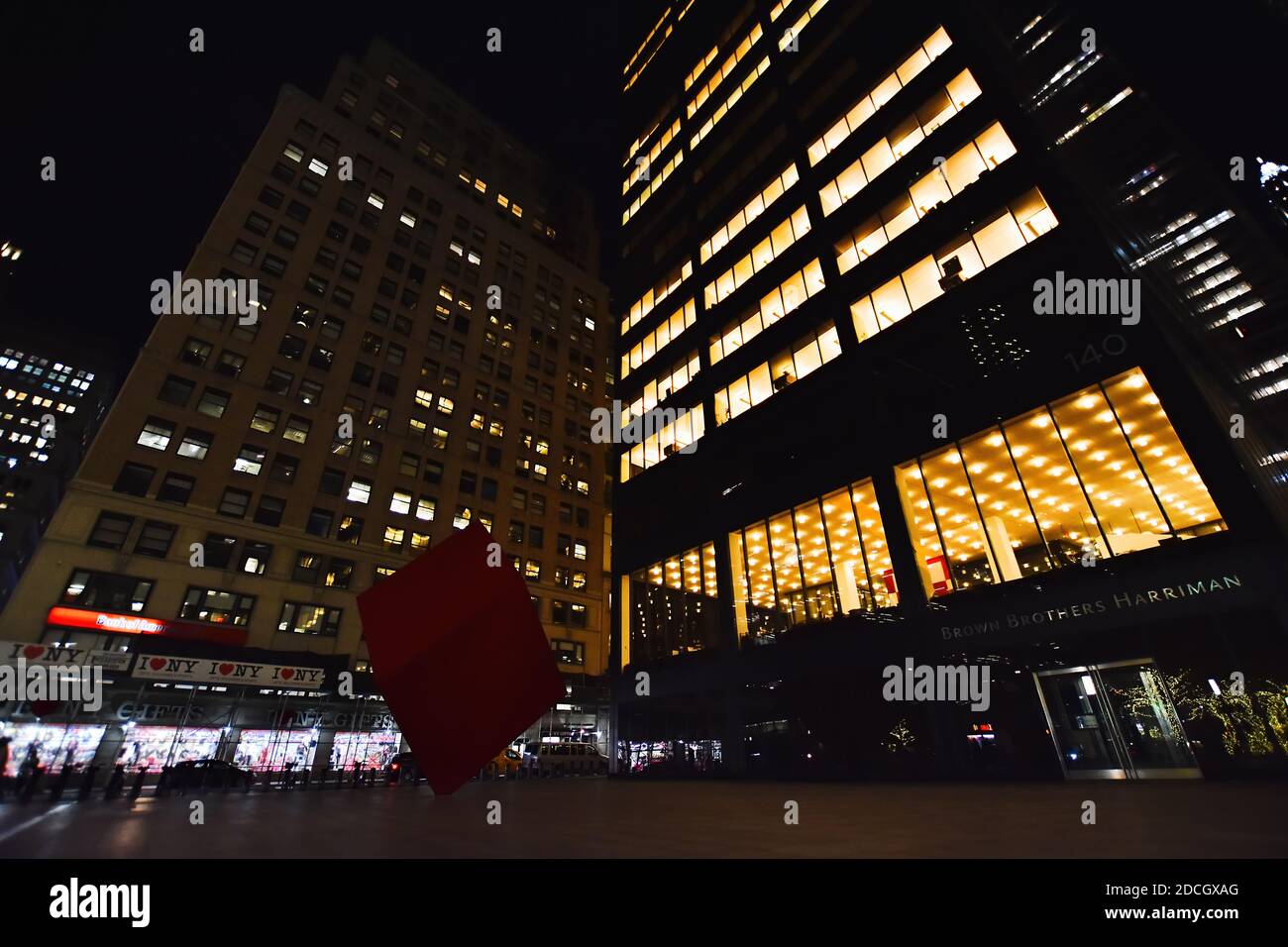 New York, USA - November 30, 2019. Night view with Red Cube on Broadway ...