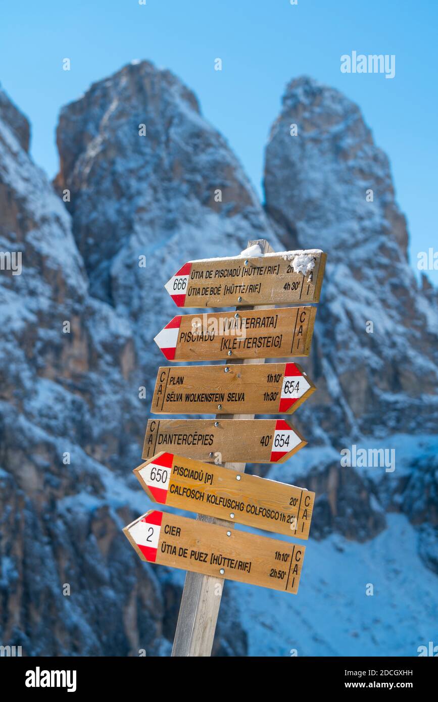 Hiking trail signs, Paso Gardena, Dolomites, Unesco World Heritage Site ...