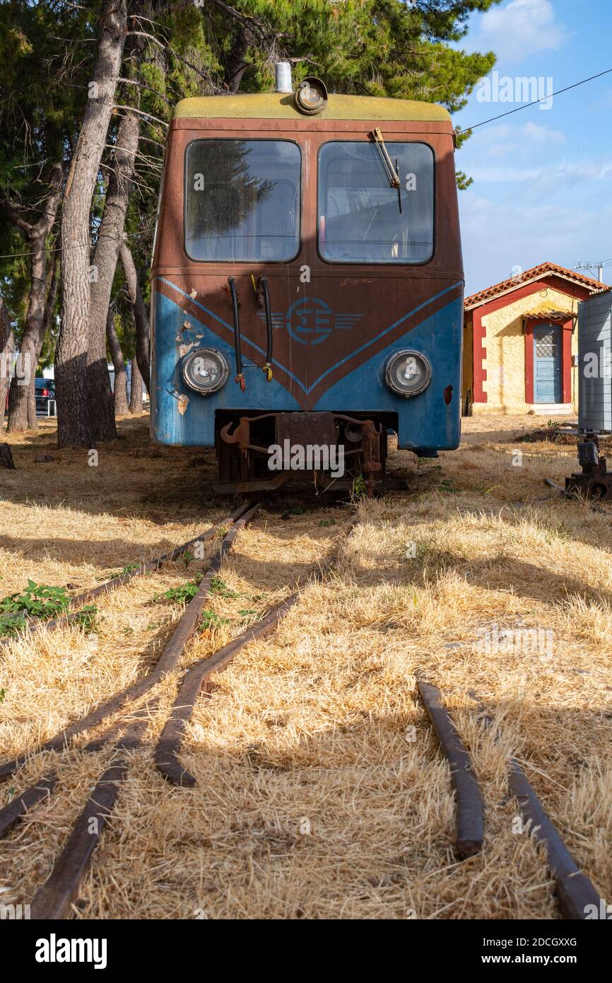 Diakopto, Greece - June 6 2020: Old trains at Diakopto train station ...