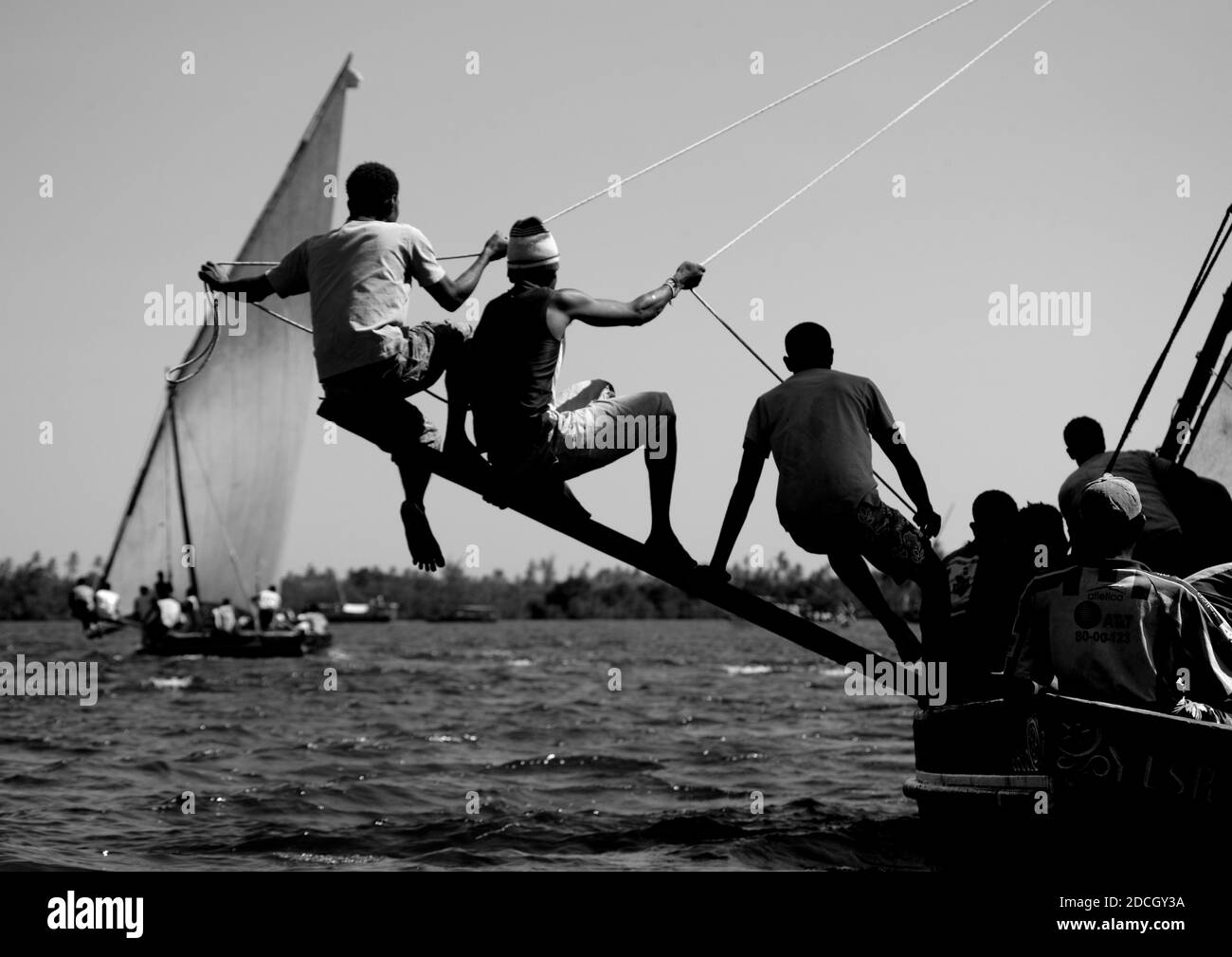 Man balancing dhow while sailing, Lamu County, Lamu, Kenya Stock Photo ...