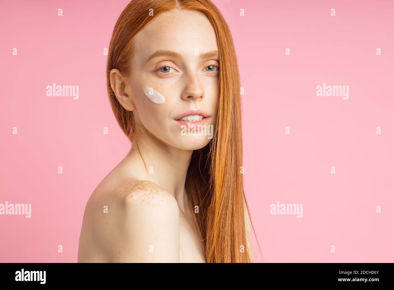 Beautiful young ginger woman with clean perfect skin. Portrait of happy ...
