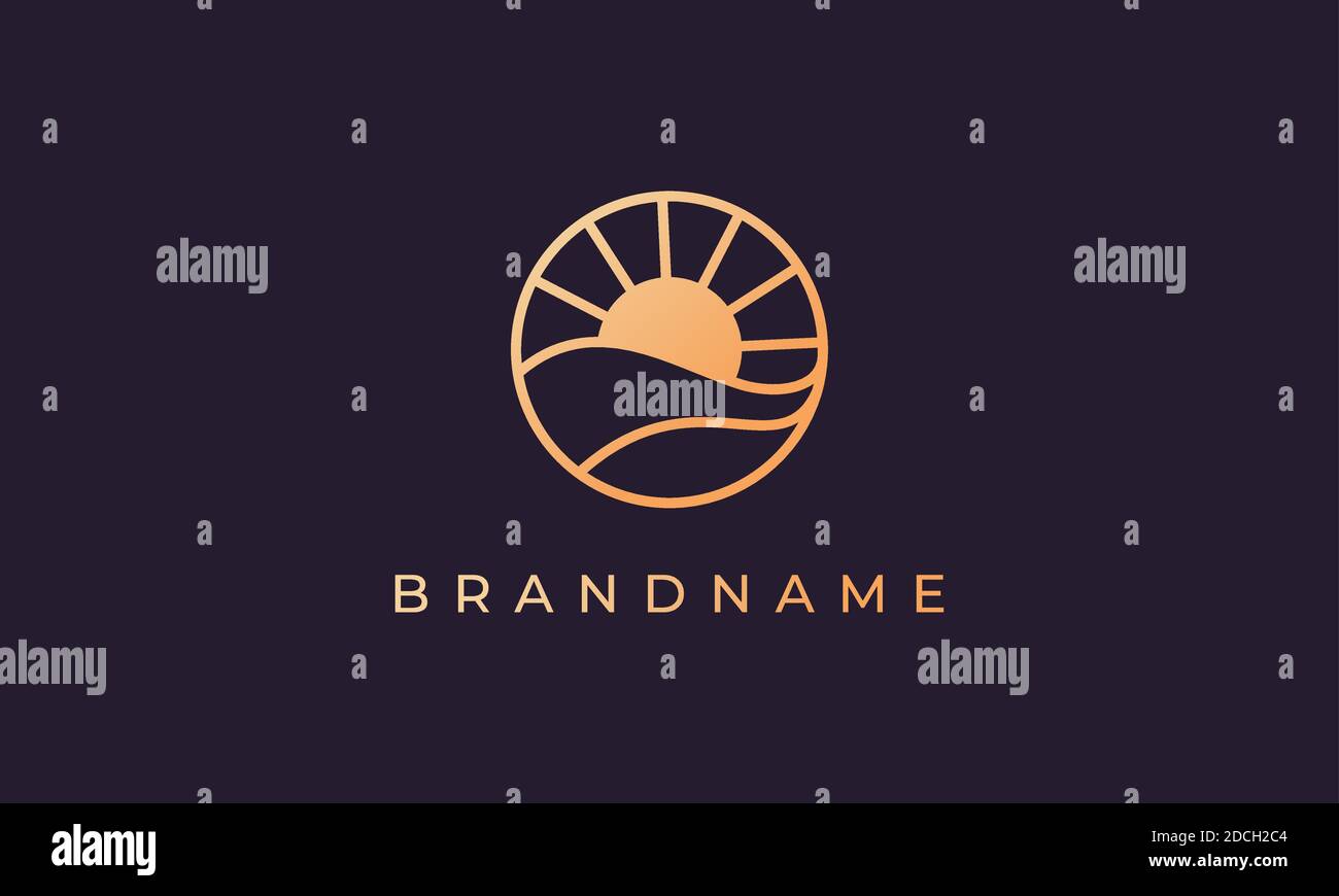 monoline luxury gold logo design of sea water wave and sun in a circle ...