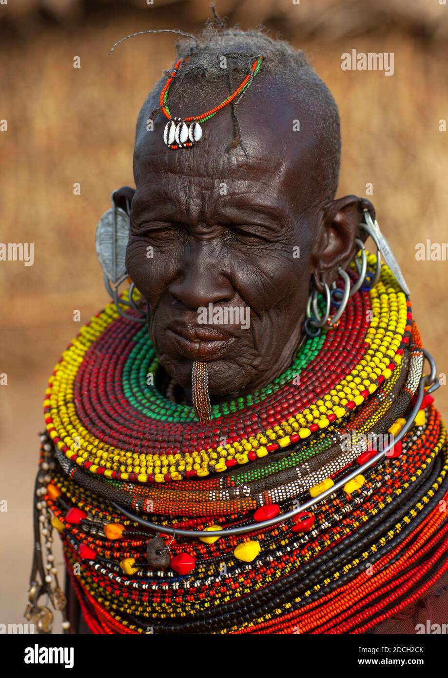 Old Turkana tribe woman with necklaces and earrings, Rift Valley ...