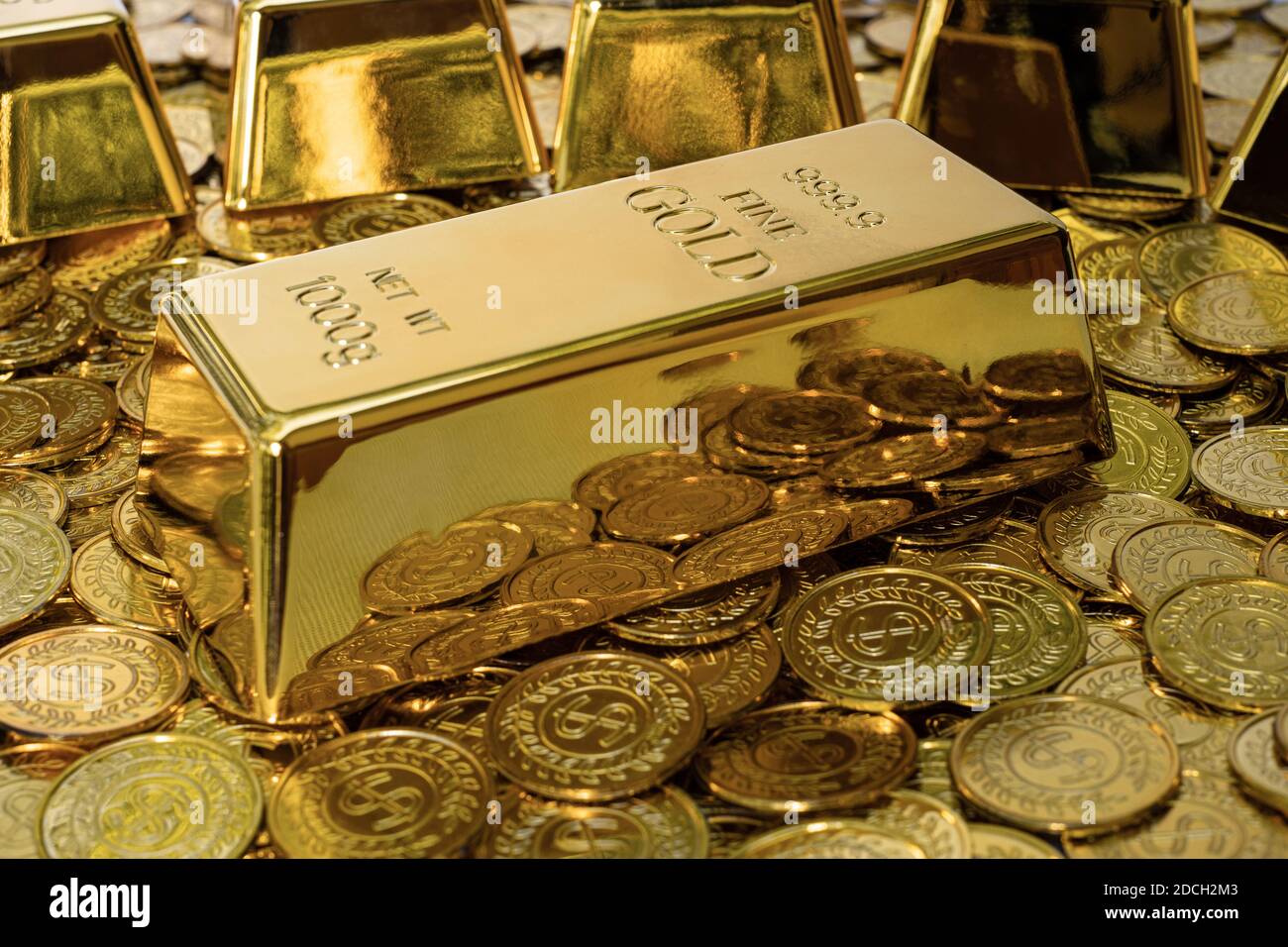 Closeup shiny gold bar 1 kg on the stack gold coin a lot of Stock Photo ...