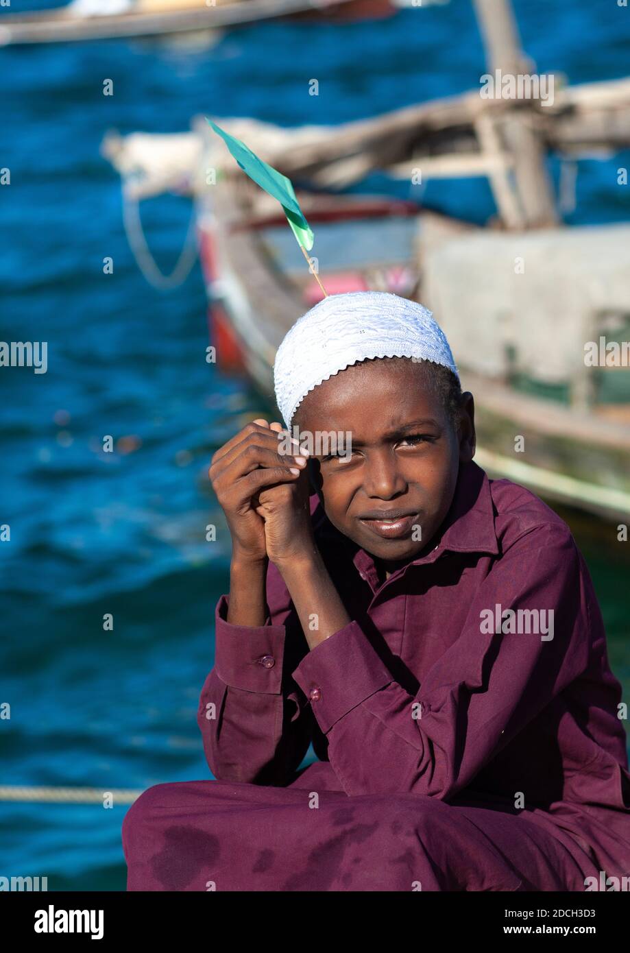 Mulsim boy in traditional clothing, Lamu County, Lamu, Kenya Stock ...