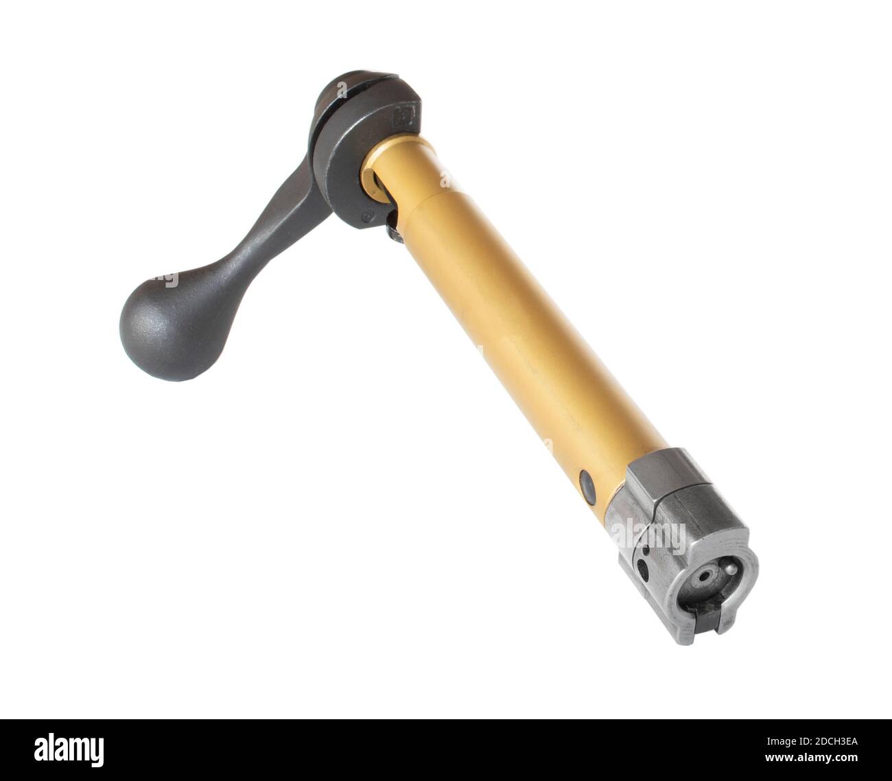 Bolt from a rifle that has a gold and yellow color isolated on white ...