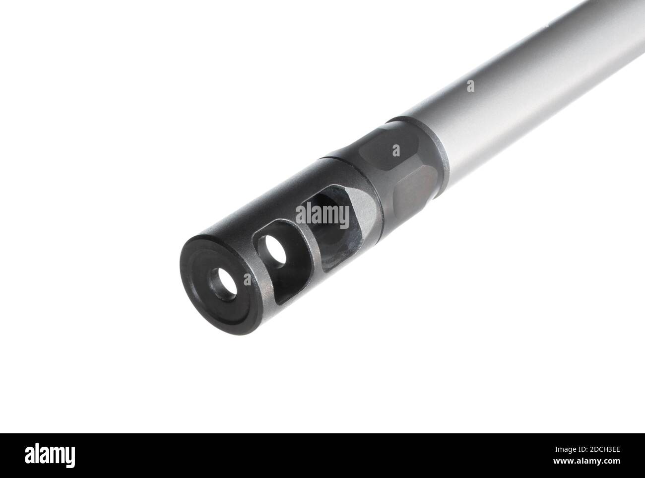 Silver rifle barrel that has a black muzzle brake on its end isolated ...