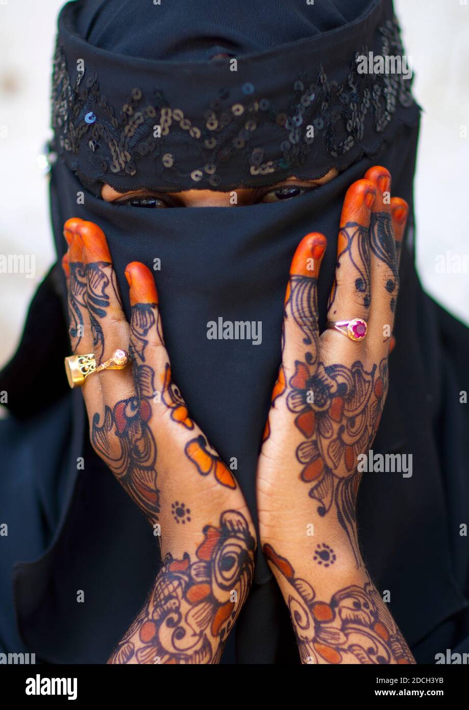 Muslim woman with henna on the hands and arms, Lamu County, Lamu, Kenya ...