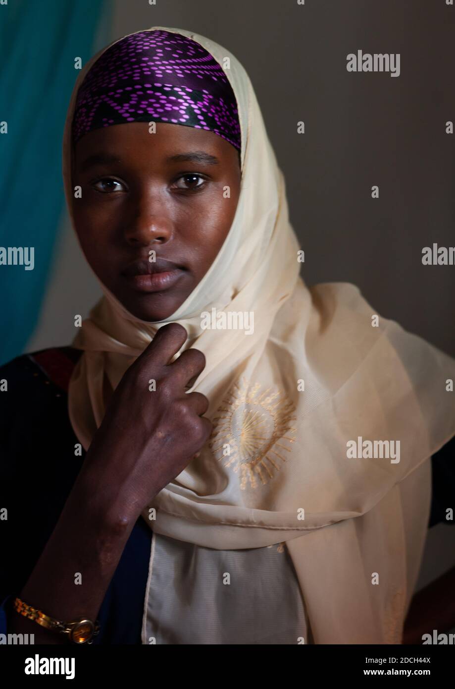 Teenage girl with white veil portrai, Lamu county, Matondoni, Kenya ...
