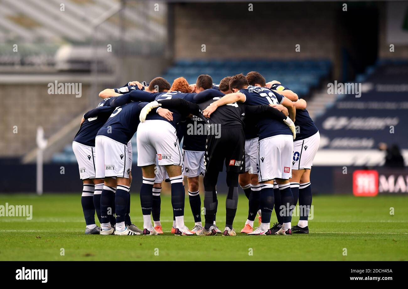 Millwall have a team huddle during the Sky Bet Championship match at ...
