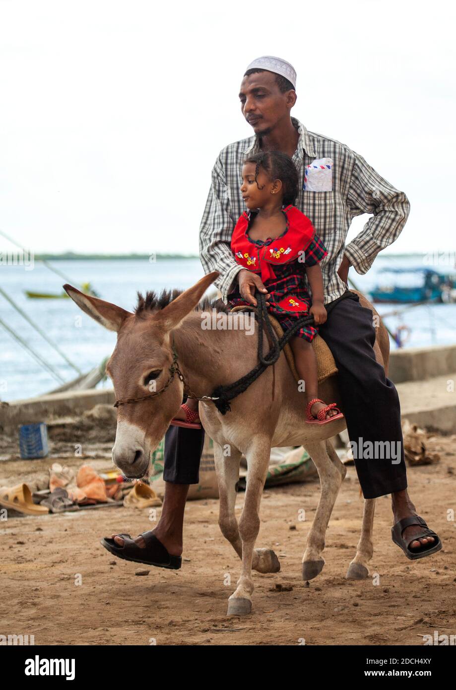Man with his daughter riding a donkey in the street, Lamu County, Lamu ...