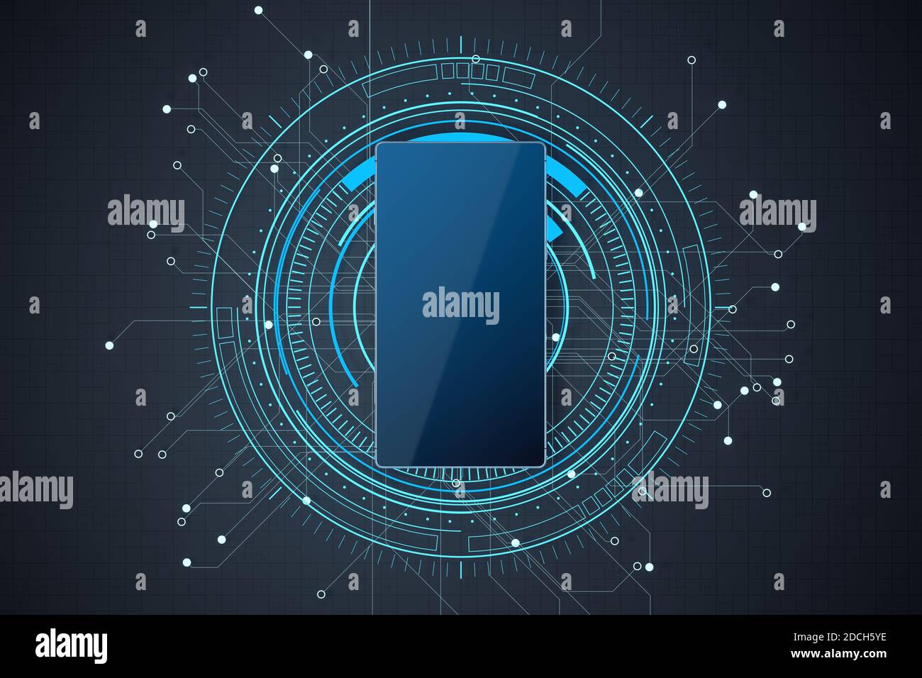 Mobile phone with glowing HUD circle background, 3d rendering. Computer ...