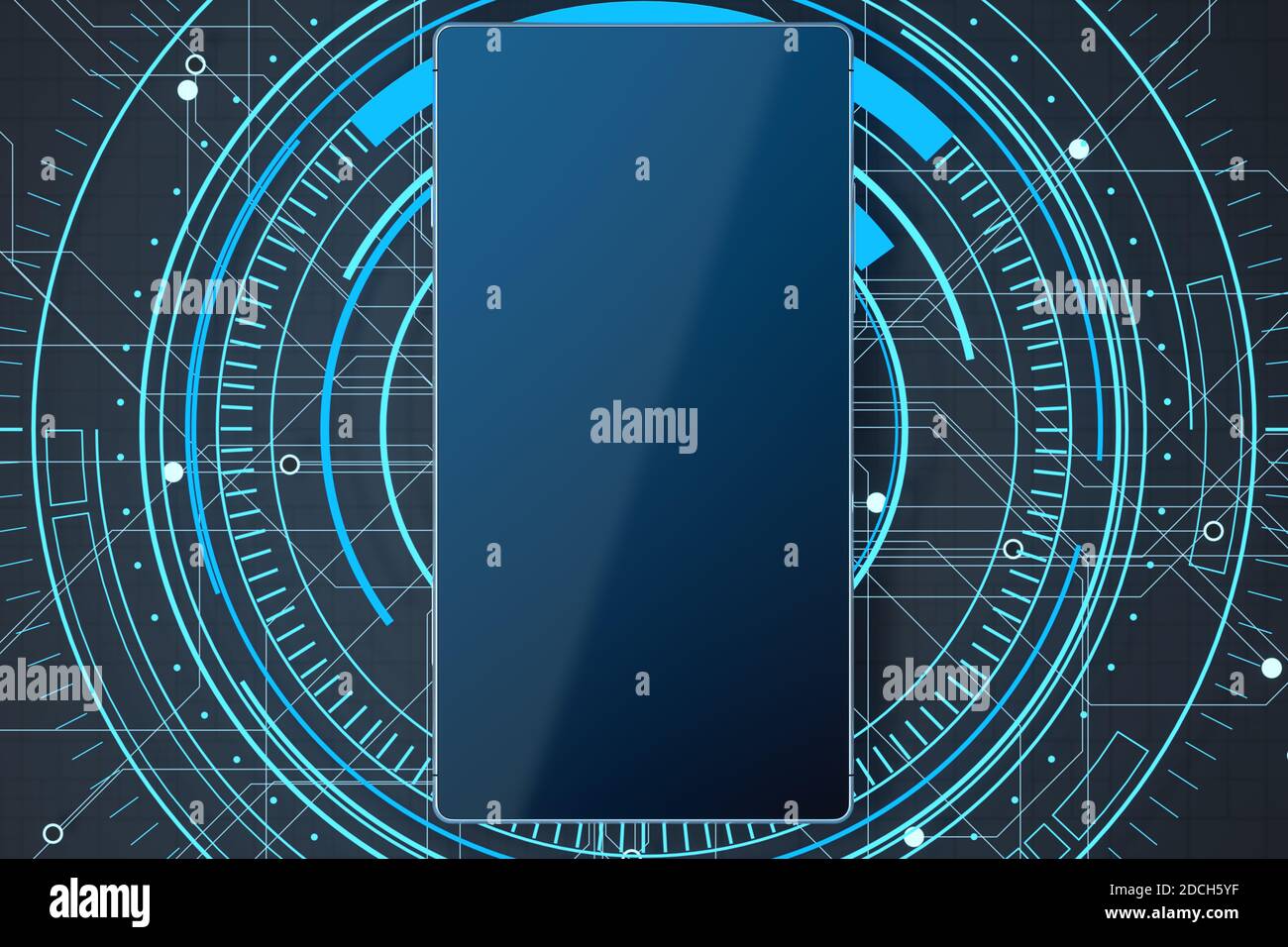 Mobile phone with glowing HUD circle background, 3d rendering. Computer ...