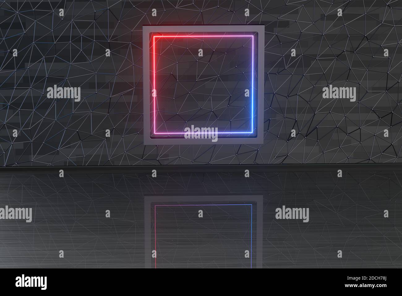 Reflective metal floor with neon lines, 3d rendering. Computer digital ...