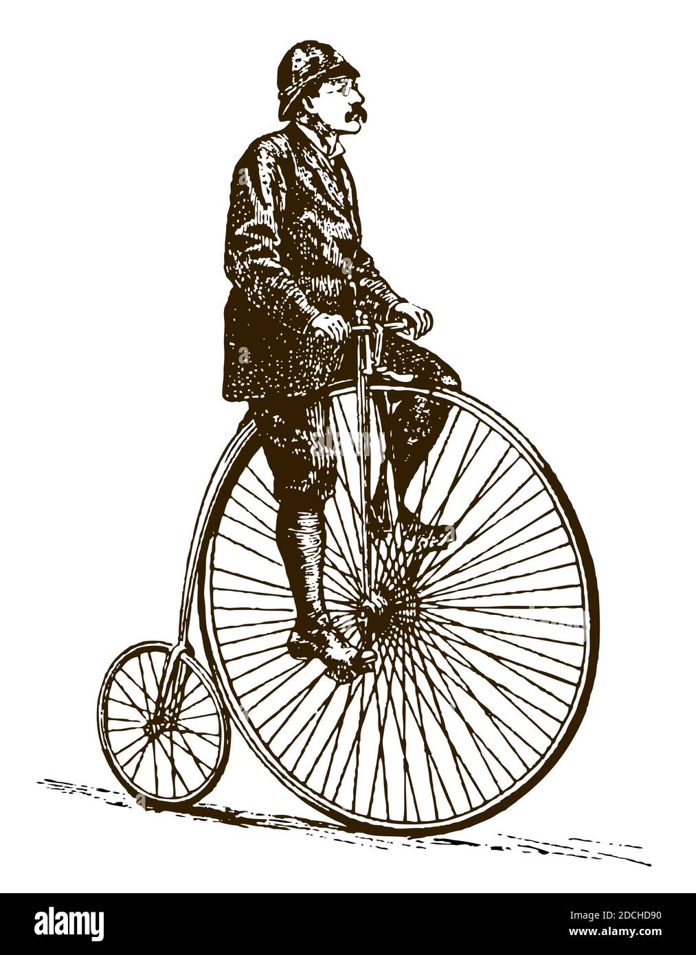 Cyclist from the 19th century riding an antique high wheel bicycle ...