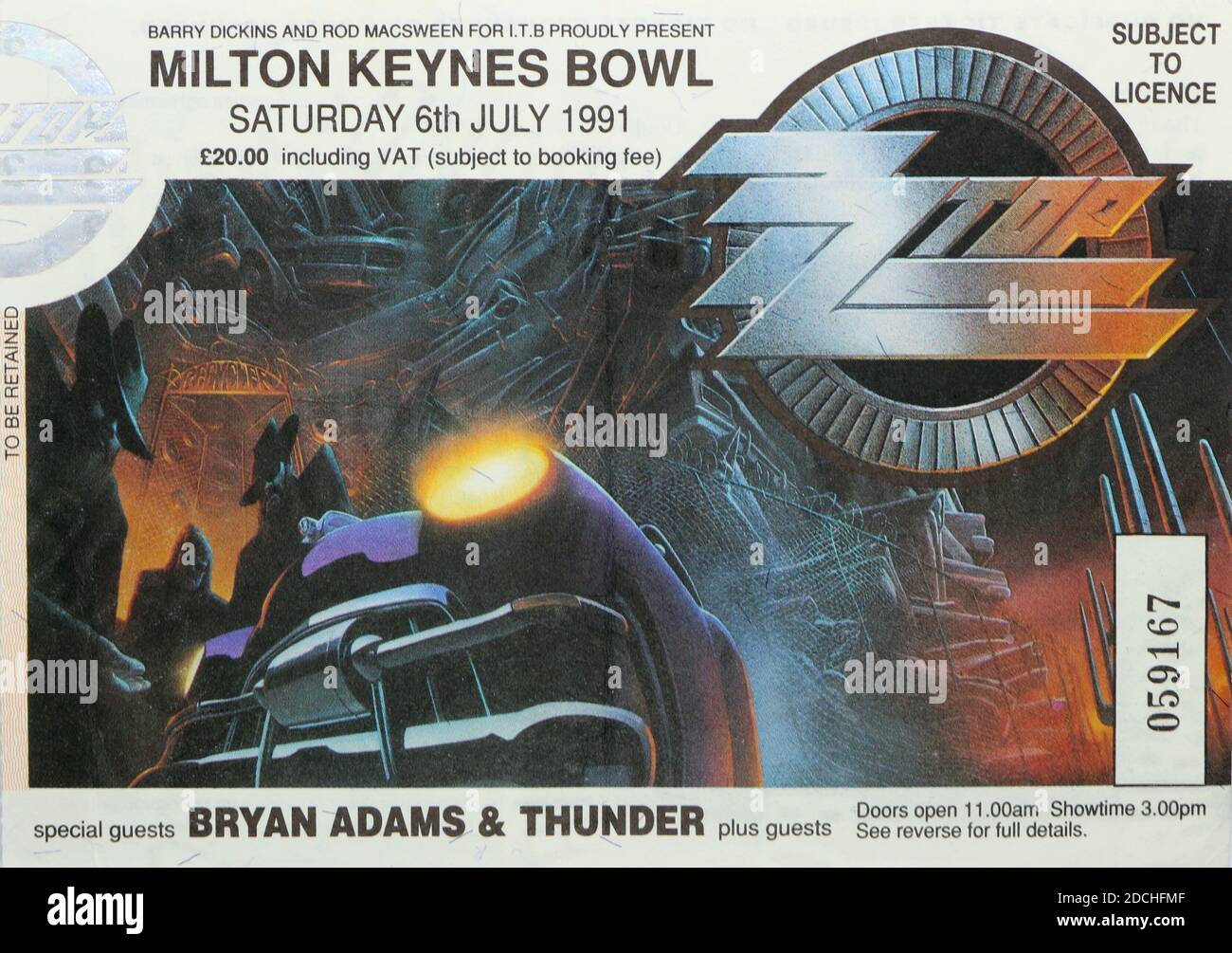 Original paper ticket for ZZ Top Bryan Adams & Thunder at the Milton ...
