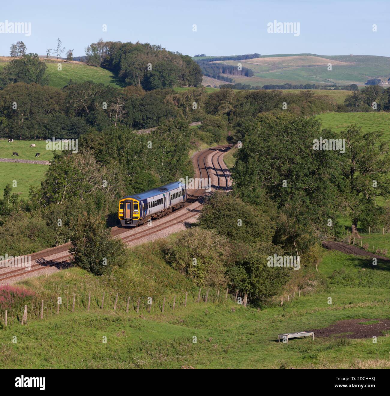Northern Rail class 158 diesel train passing through the Aire valley countryside, Craven, North ...