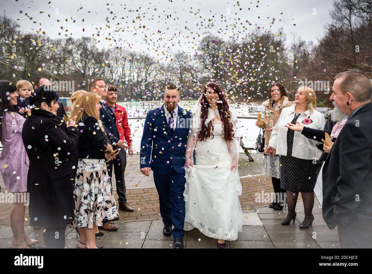Wedding Celebrations with friends and family throwing Confetti Stock ...