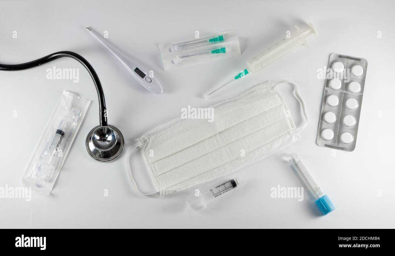Medical equipment isolated on white background, top view Stock Photo ...