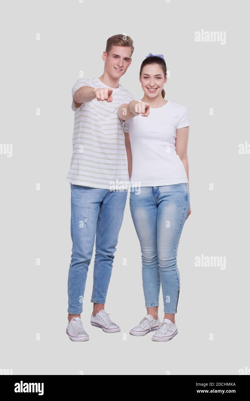 Couple Pointing to Camera Standing Isolated. Man and Woman Pointing ...