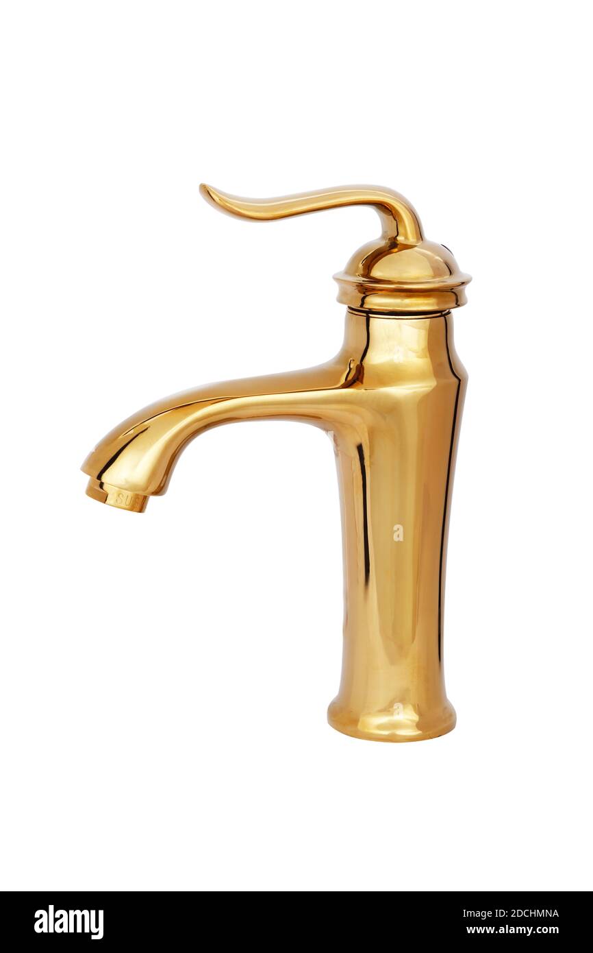 Shiny golden steel water faucet on white background Stock Photo - Alamy